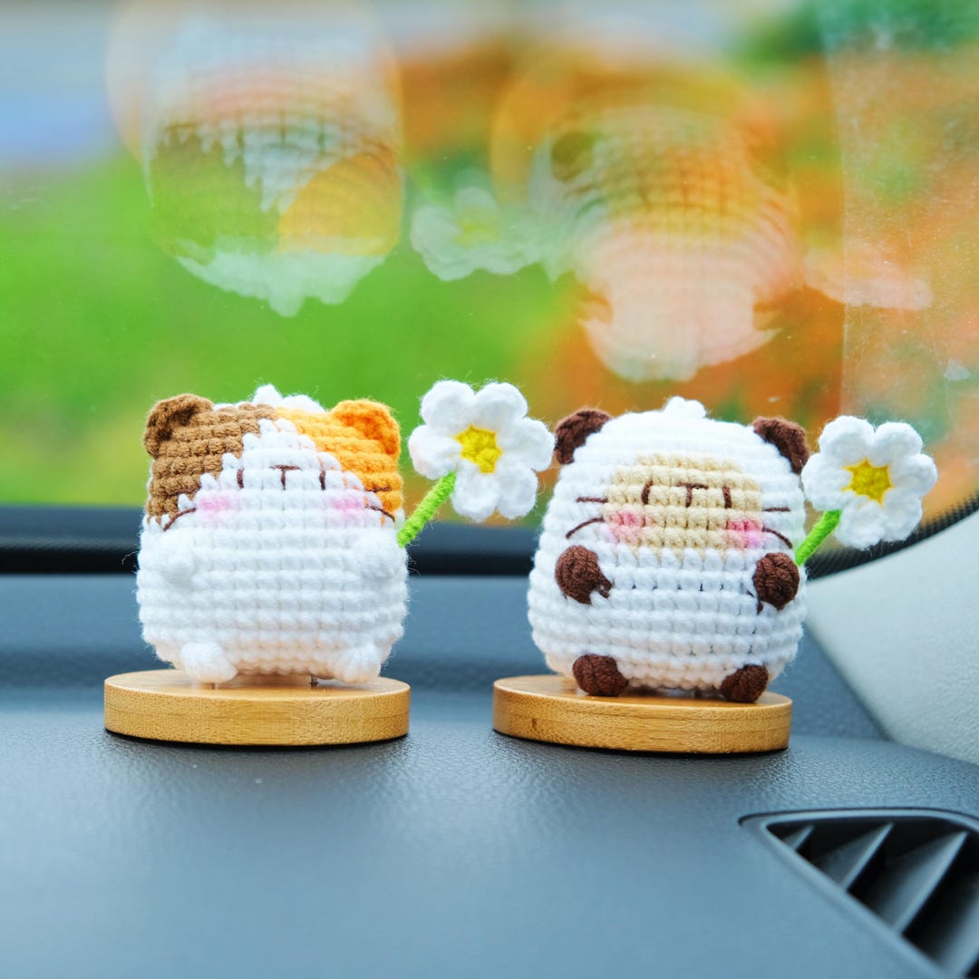 Crochet Calico & Siamese Cat Car Dashboard Decor, Kitten/daisy Flower ...