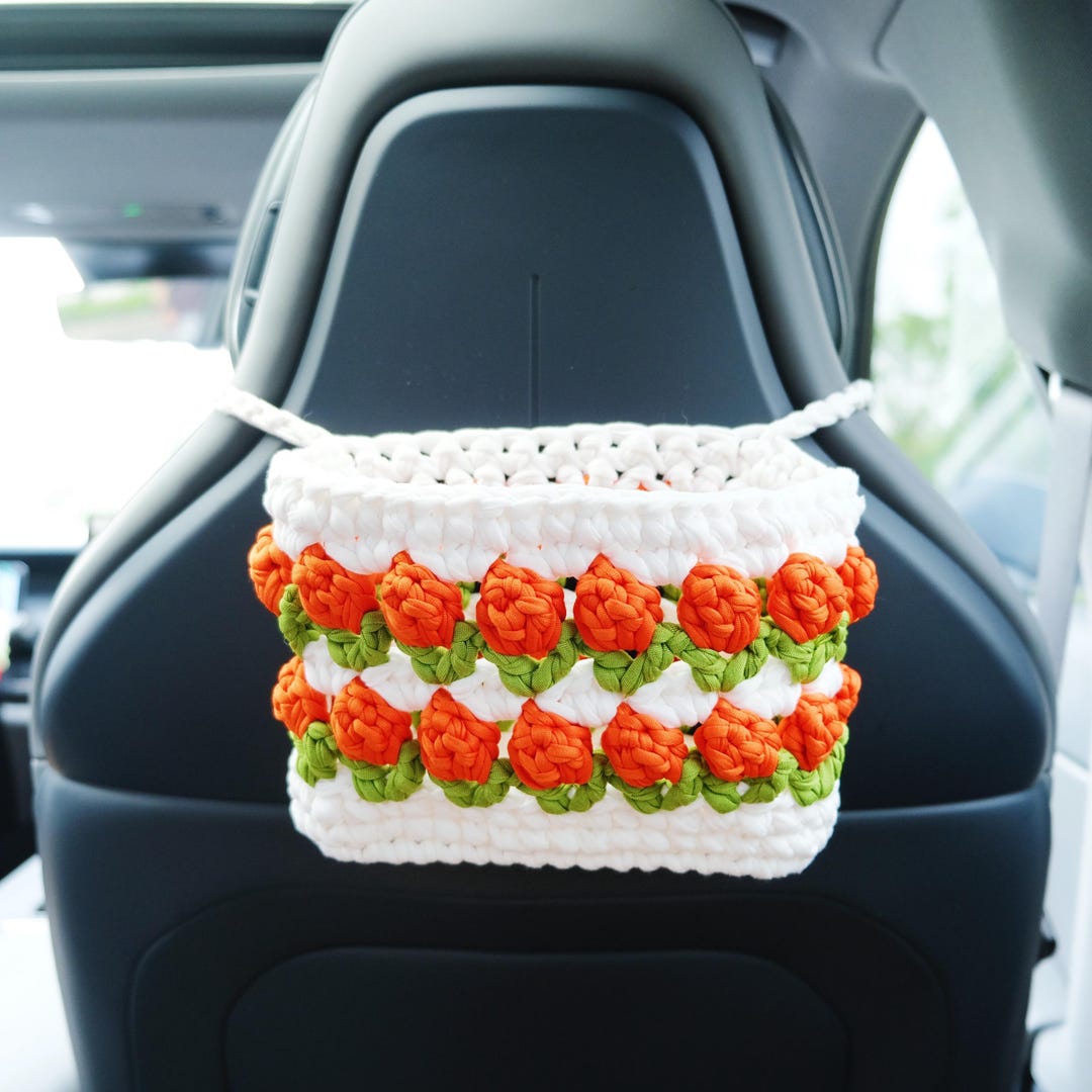 Crochet Car Basket, Tulip Car Headrest Basket, Car Seat Organizer, Car ...