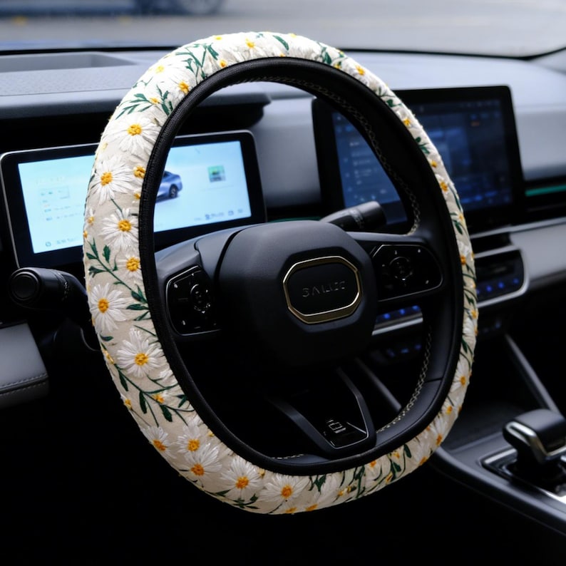 Flower Embroidery Steering Wheel Cover, Elastic Floral Steering Wheel ...