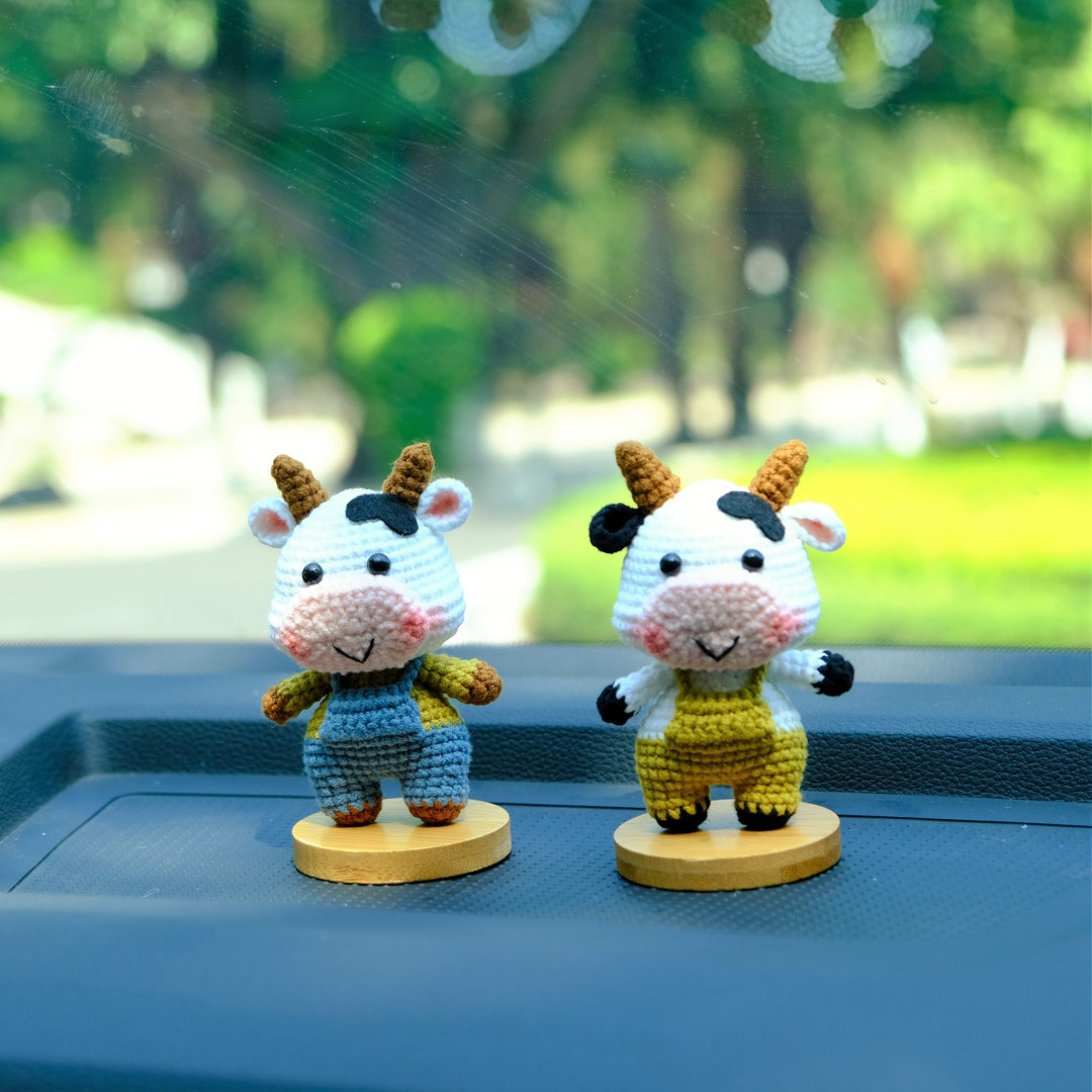 Crochet Smiley Cow Car Dashboard Decor, Chunky Overalls Cow Car ...