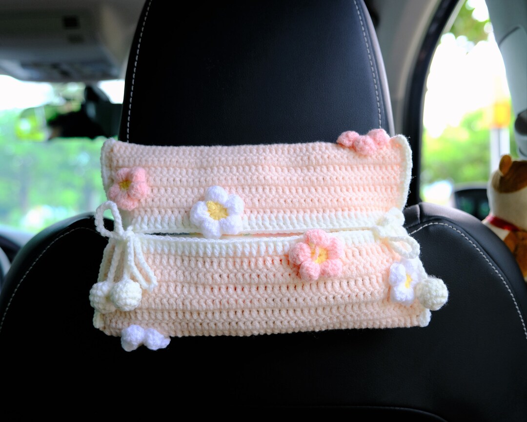 Crochet Fluffy Flower Car Tissue Box, Daisy Flower Car Tissue Holder ...