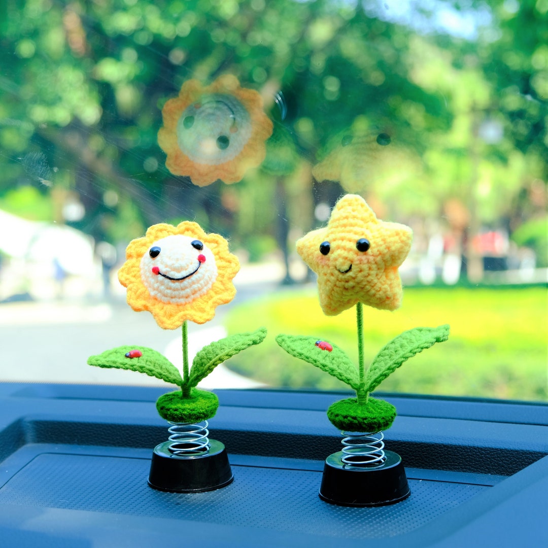 Crochet Smiley Sun & Star Flower Car Accessories, Car Plant Bobblehead ...