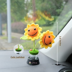 Crochet Conjoined Sunflower Car Dashboard Decor, Bobblehead Smiley ...