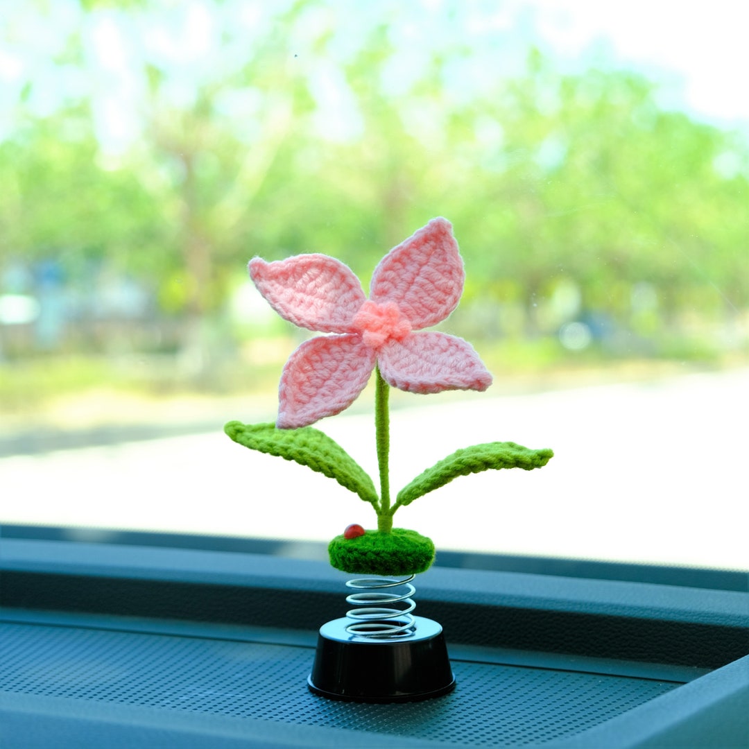 Crochet Hibiscus Flower Car Dashboard Decor, Bobblehead Car Plant ...