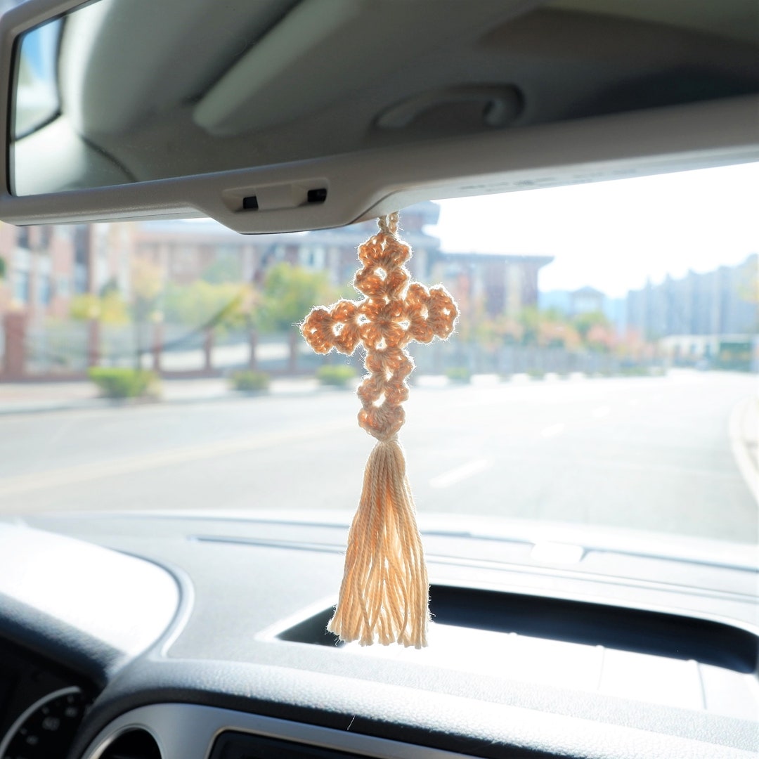 Crochet Cross With Tassels Cross Car Mirror Hanging Accessories Rear View Mirror Hanging Accessory Cute Car Interior Accessory for Women Etsy