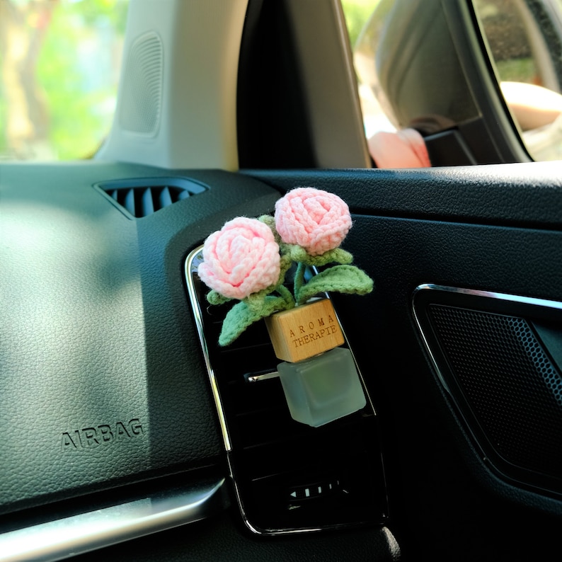 Crochet Rose Car Vent Clip, Car Vent Diffuser, Crochet Plant Car Air ...