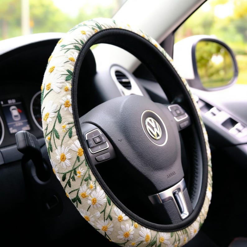 Flower Embroidery Steering Wheel Cover, Elastic Floral Steering Wheel ...