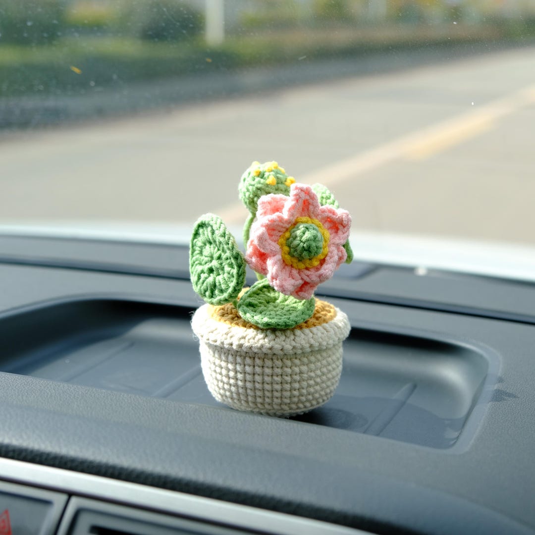 Crochet Lotus Flower Car Dashboard Decor, Lotus Potted Plant Car ...