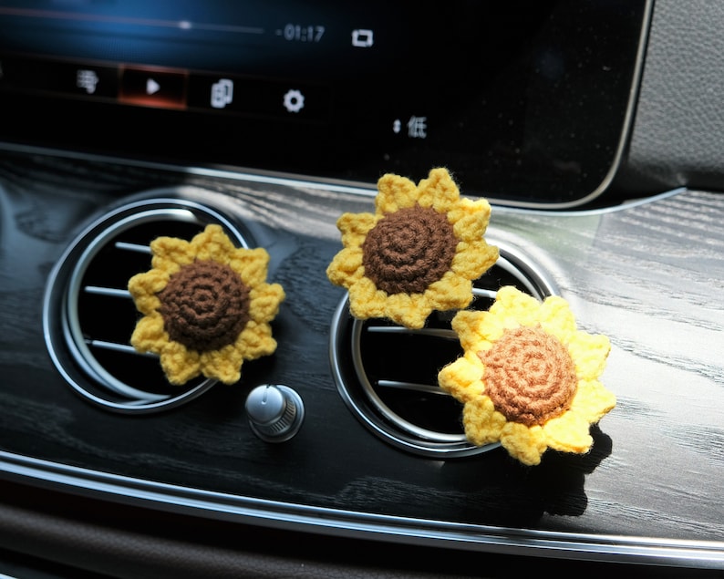 3pcs Crochet Sunflower Car Vent Clip, Flower Car Air Freshener ...