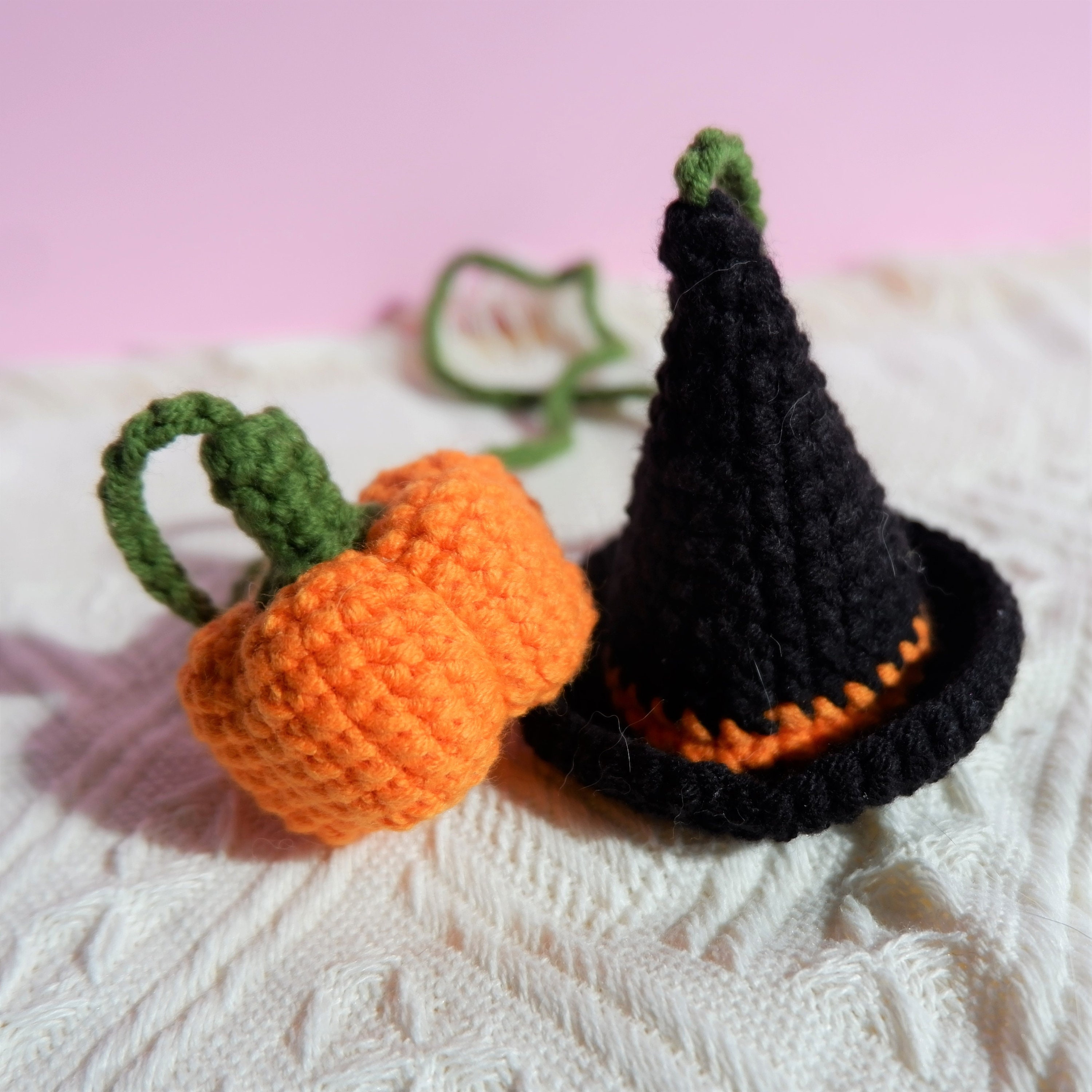 Crochet Pumpkin & Wizard Hat Car Mirror Hanging Accessory, Witchy Rear ...