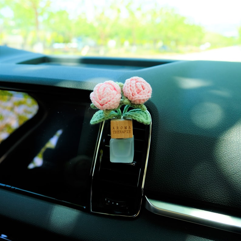 Crochet Rose Car Vent Clip, Car Vent Diffuser, Crochet Plant Car Air ...