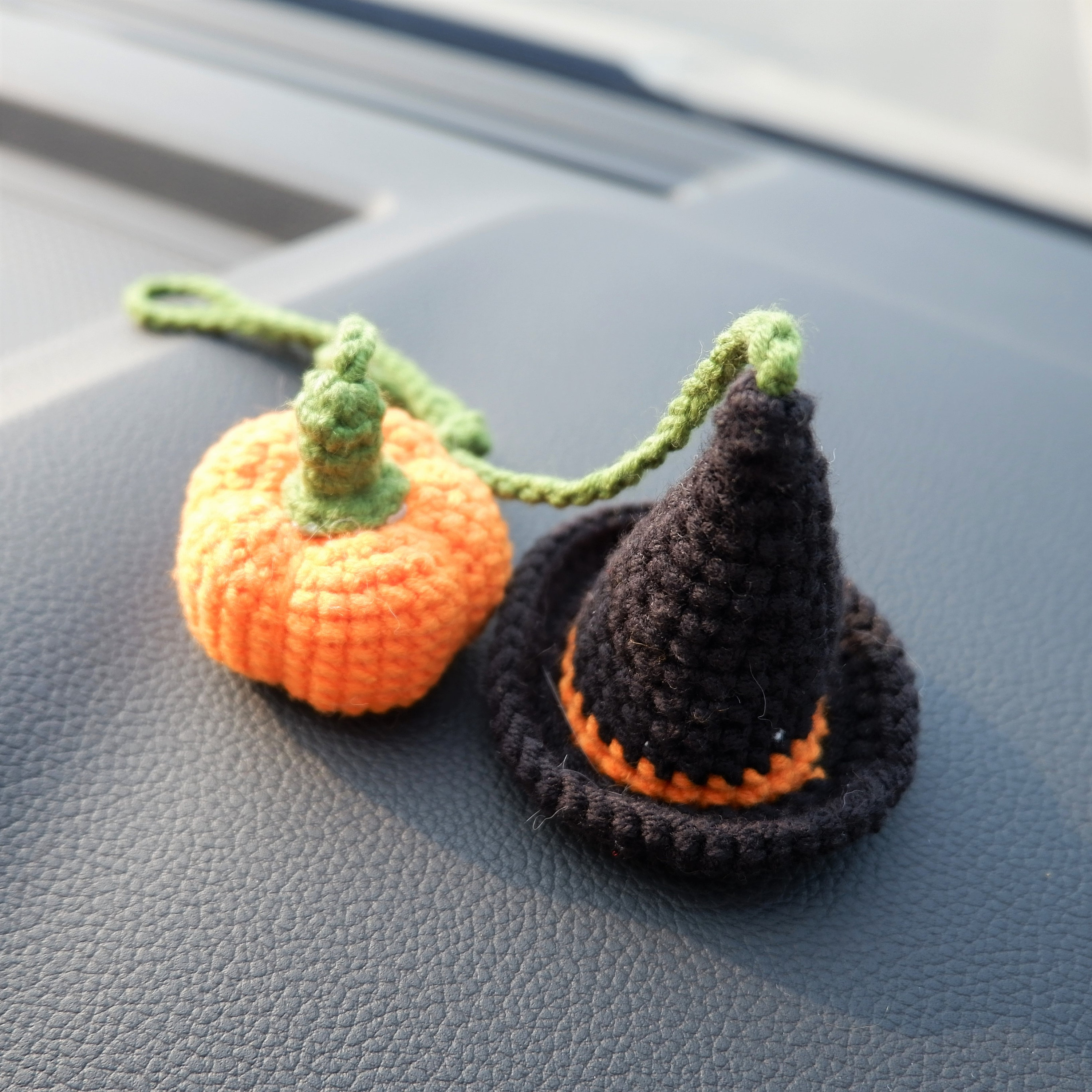 Crochet Pumpkin & Wizard Hat Car Mirror Hanging Accessory, Witchy Rear ...