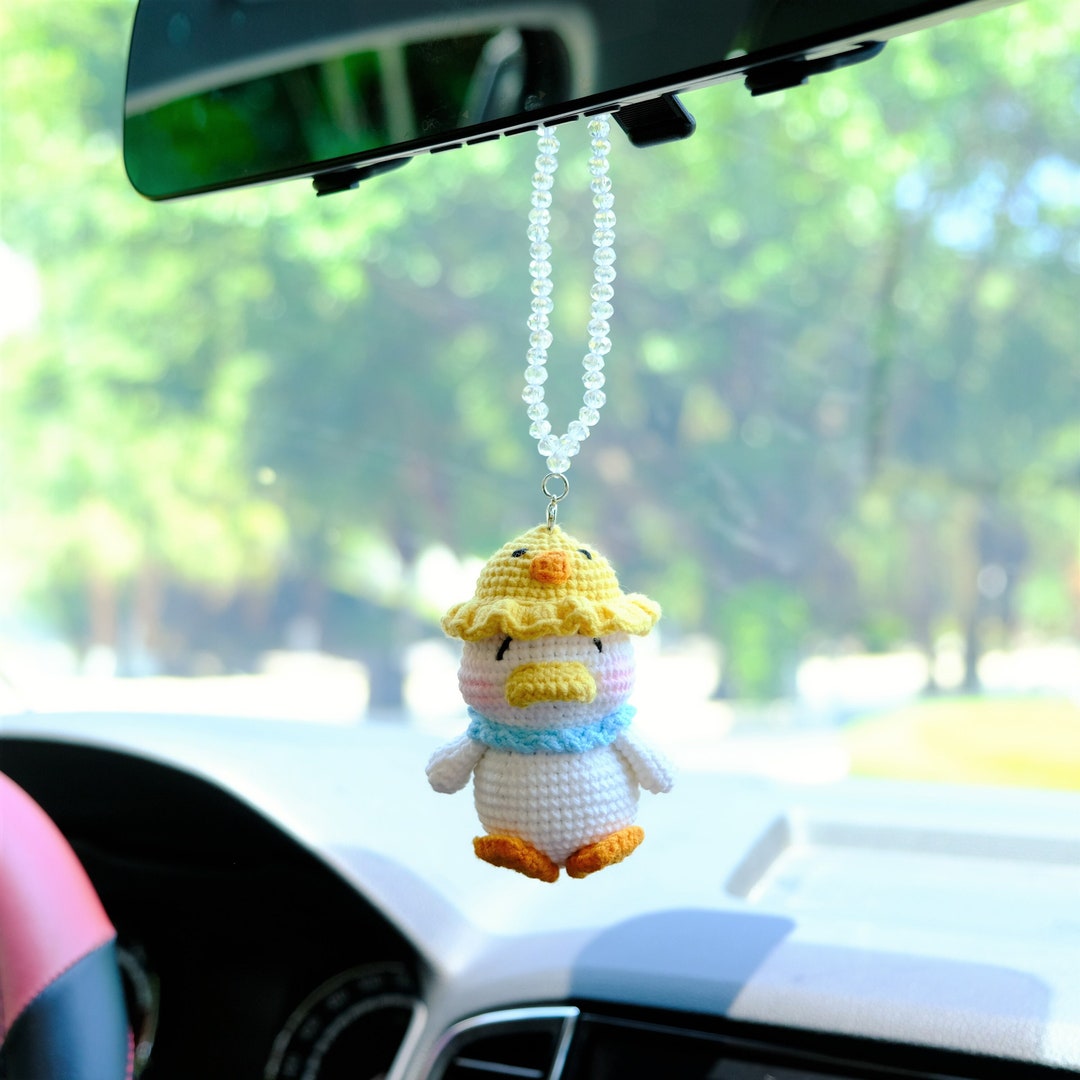 Cute Car Mirror Hanging Accessory, Crochet Cheering Duck Car Rearview ...