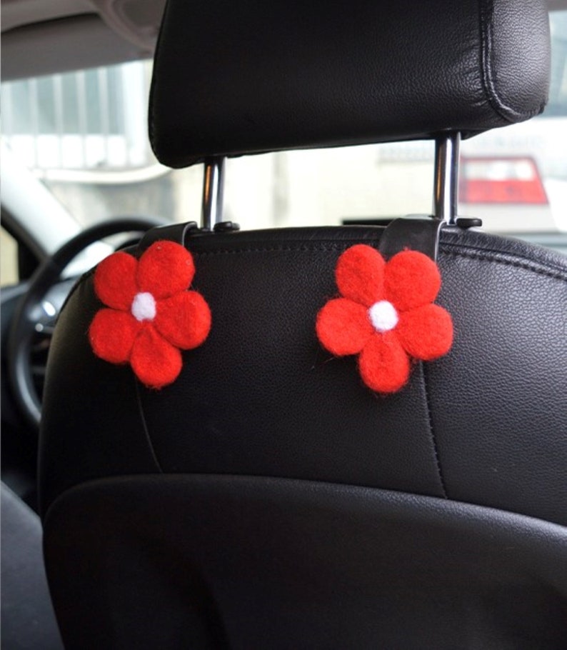 Set of 2 Car Hooks, Wool Felt Flower Car Hanger, Car Seat Purse Hanger ...