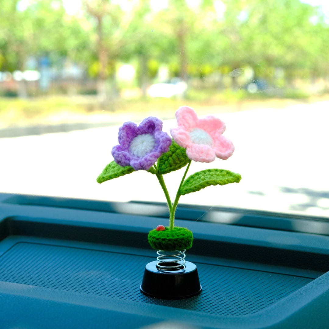Crochet Flower Car Dashboard Decor, Rainbow Flower Bobblehead Car ...