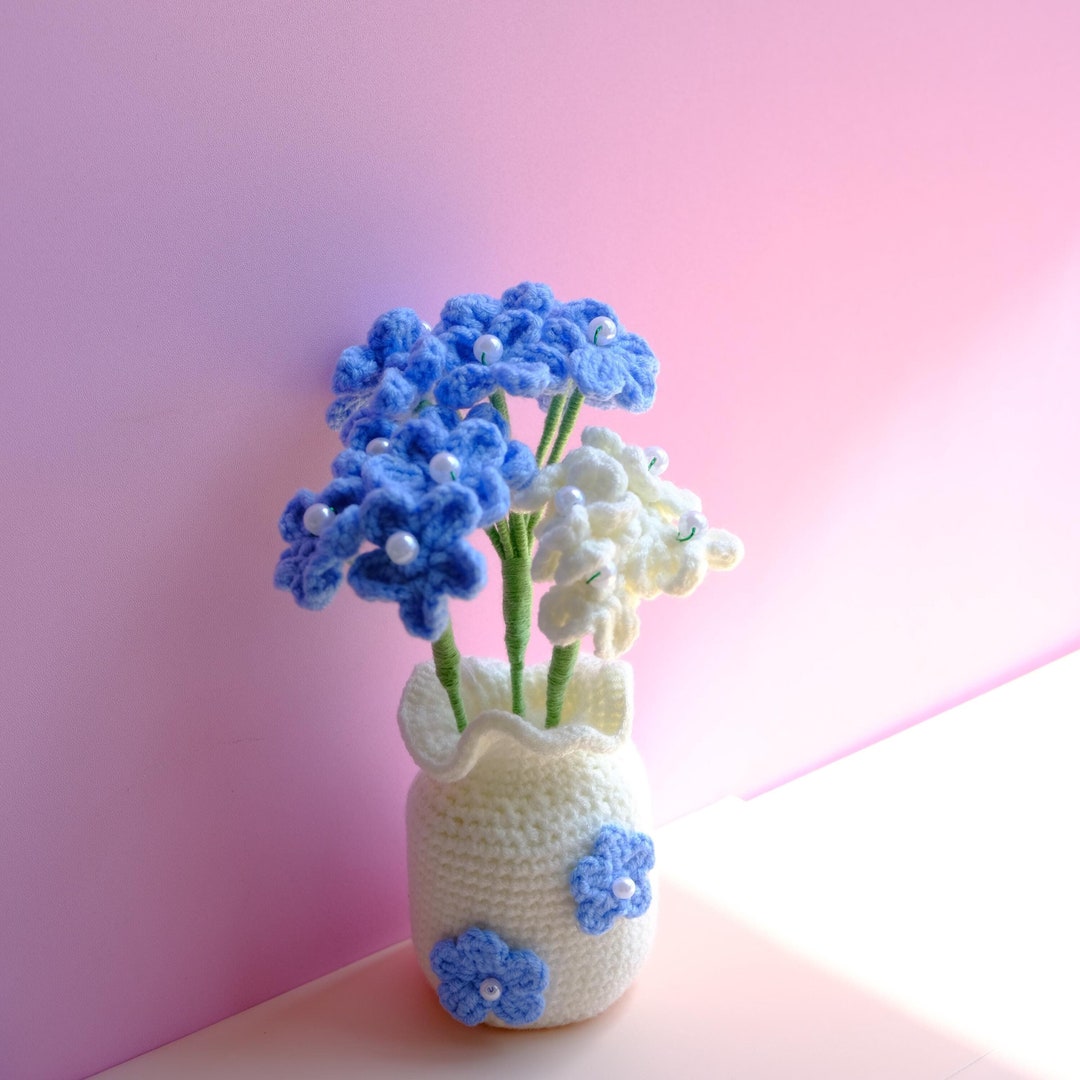 Crochet Forget-me-not Flower Arrangement in Vase, Baby Blue Flower ...