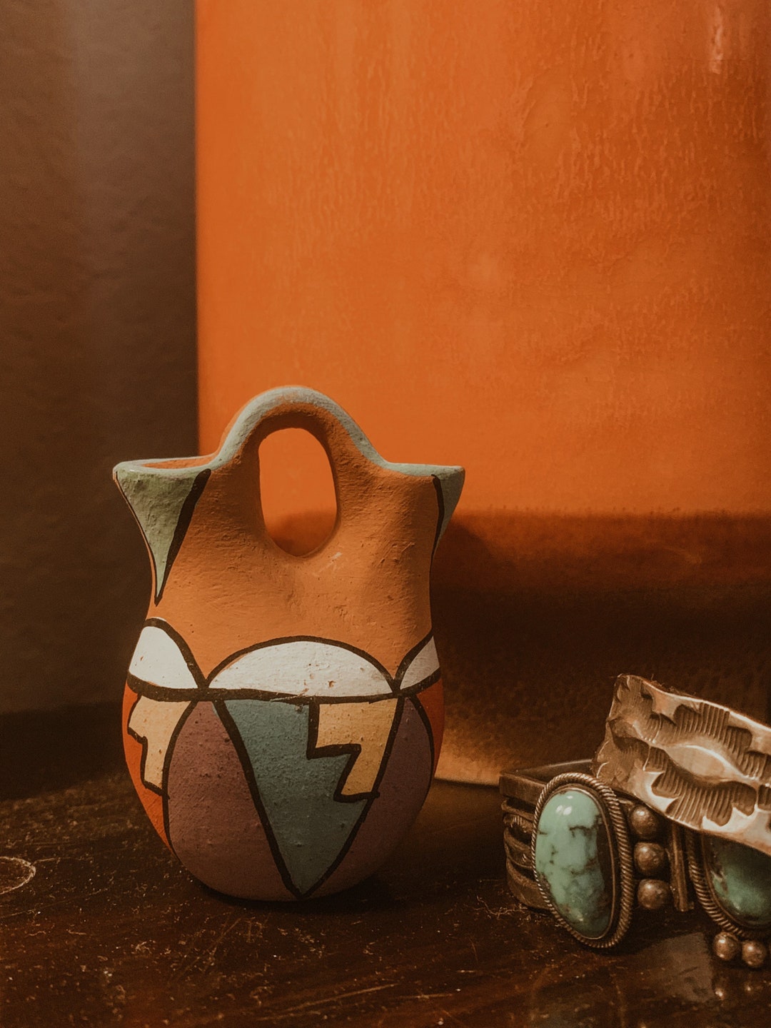 Native American Pottery,pottery,navajo Pot,chalkpot,blue Pottery,orange ...