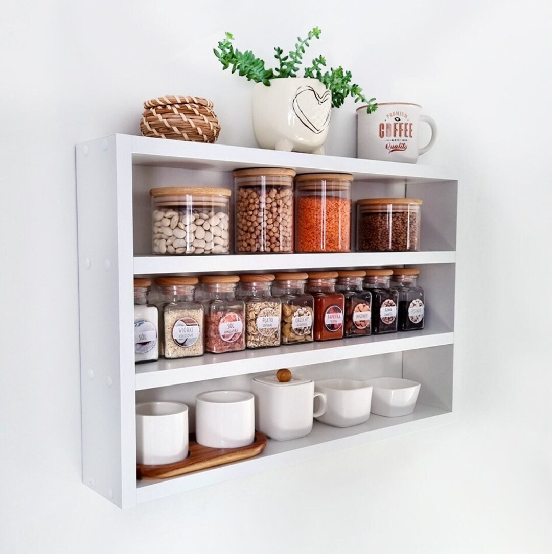 White Hanging Spice Rack, Wall Mount Spice Shelf, Large Spice Rack for ...