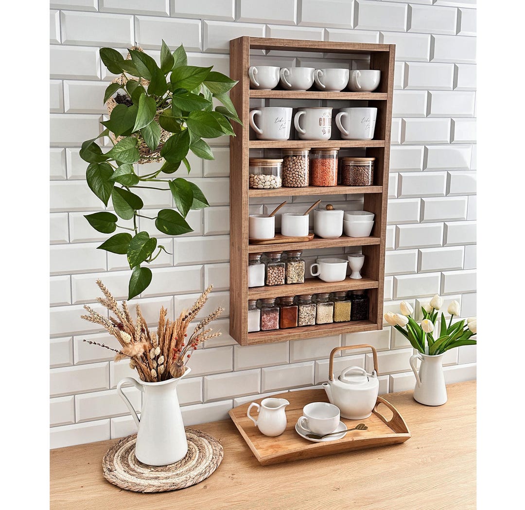 Rustic Wall-mounted Floating Spice Rack: Large Farmhouse Kitchen ...