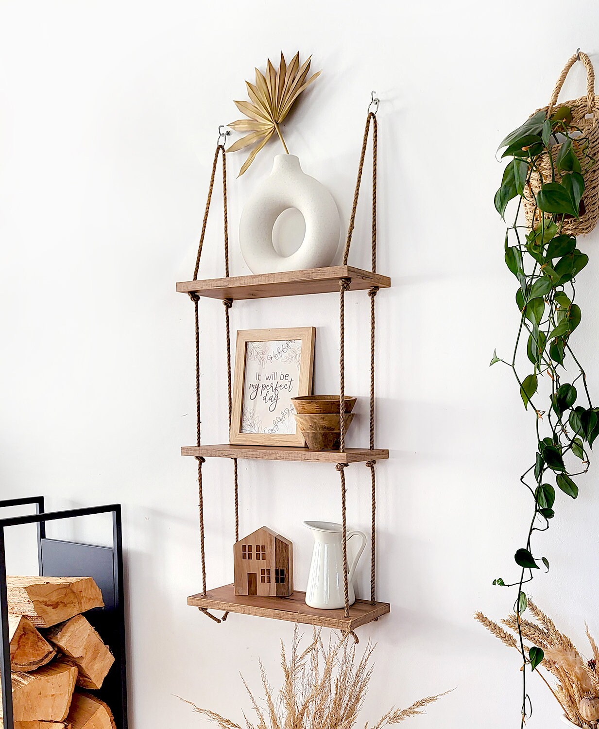 Hanging Rope Shelf, Three Tier Shelf, Jute Rope Plant Shelf for Wall ...
