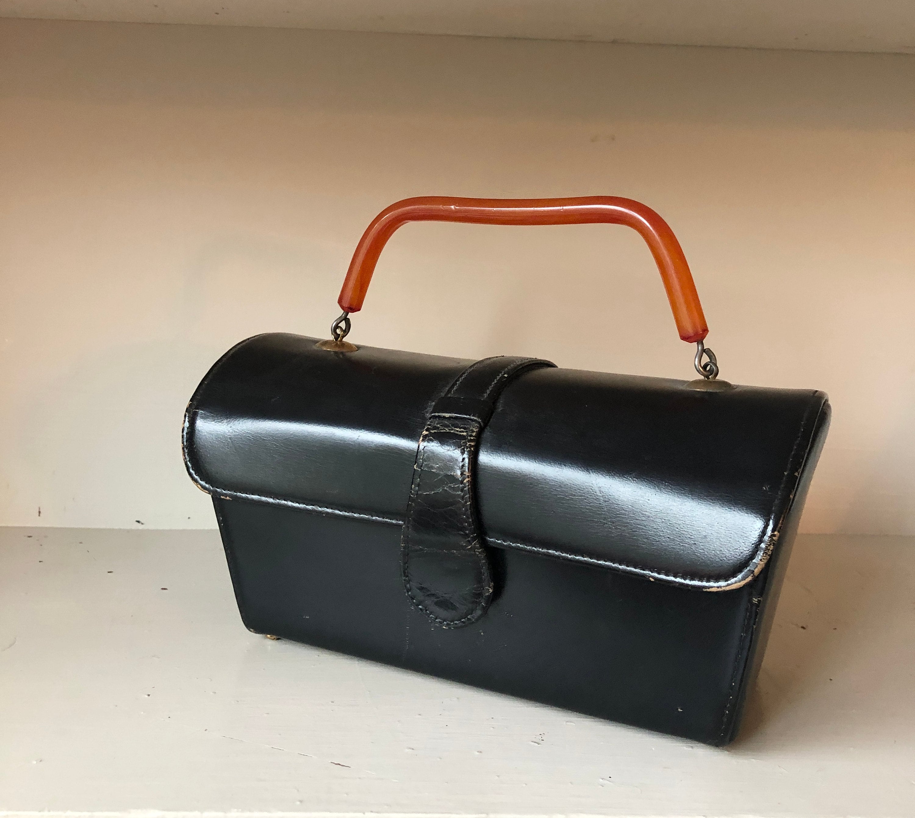 Rare Vintage Handbag 1950's Black Leather Box Style Top Handle - Etsy