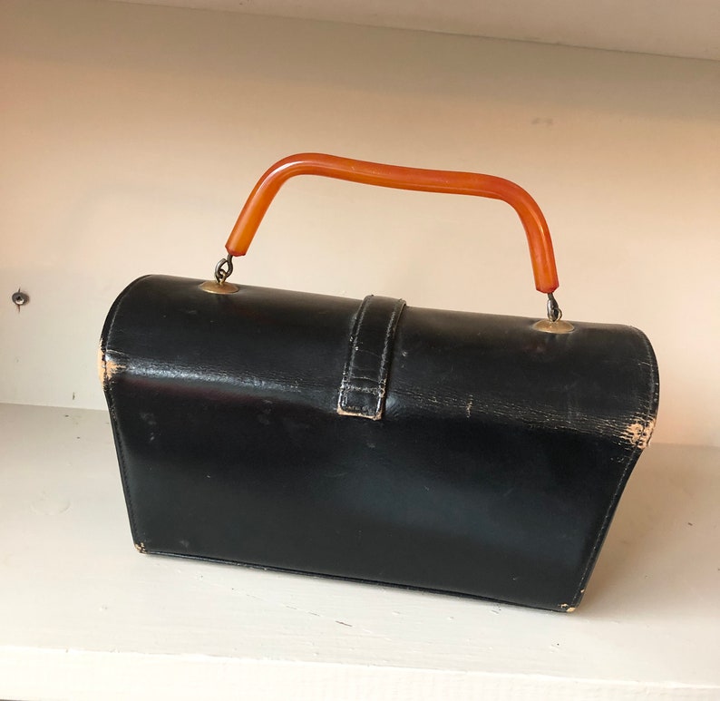 Rare Vintage Handbag 1950's Black Leather Box Style Top Handle - Etsy