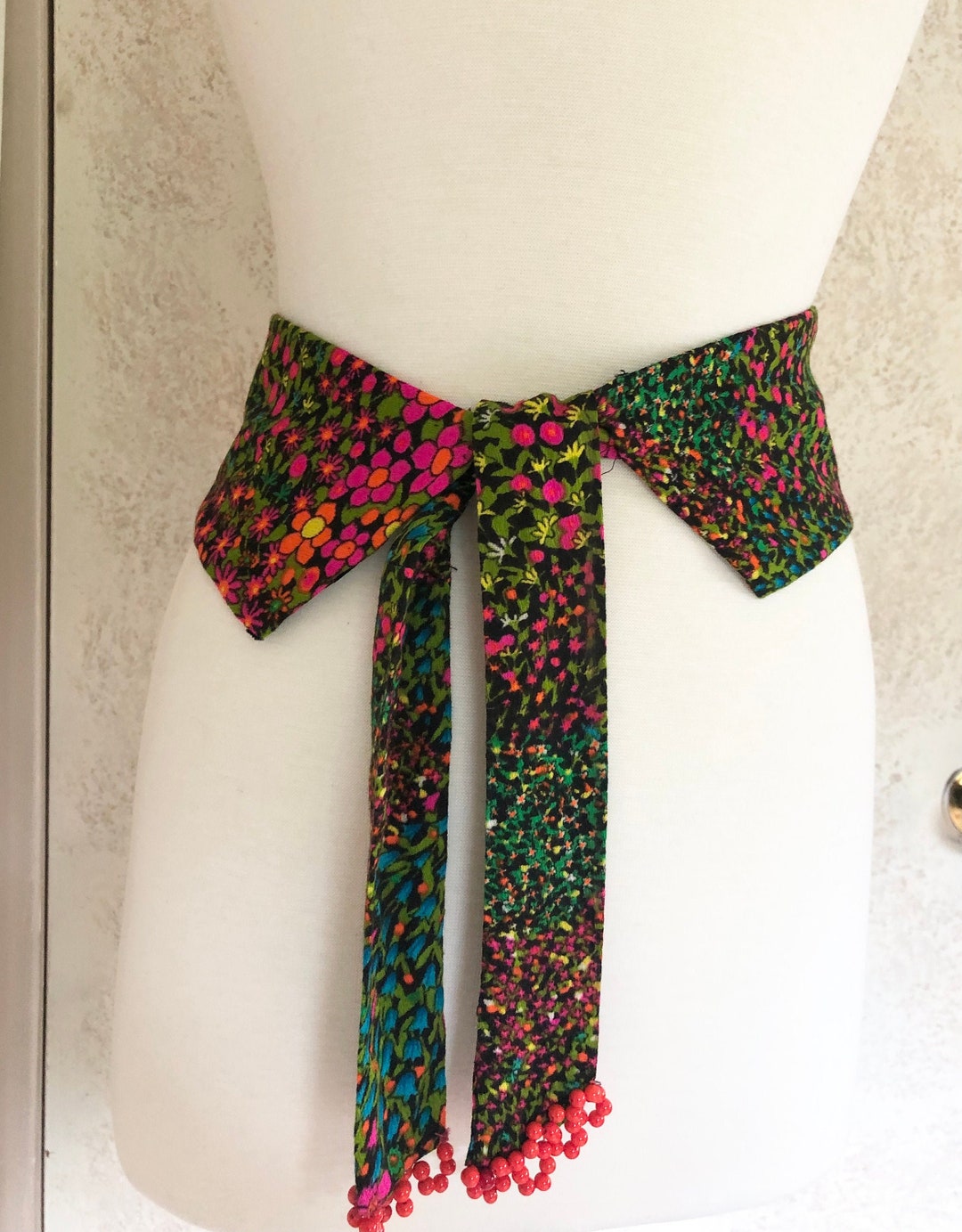 Vintage Multi-color Hand Made Sash With Orange Beaded Tassle End Boho ...