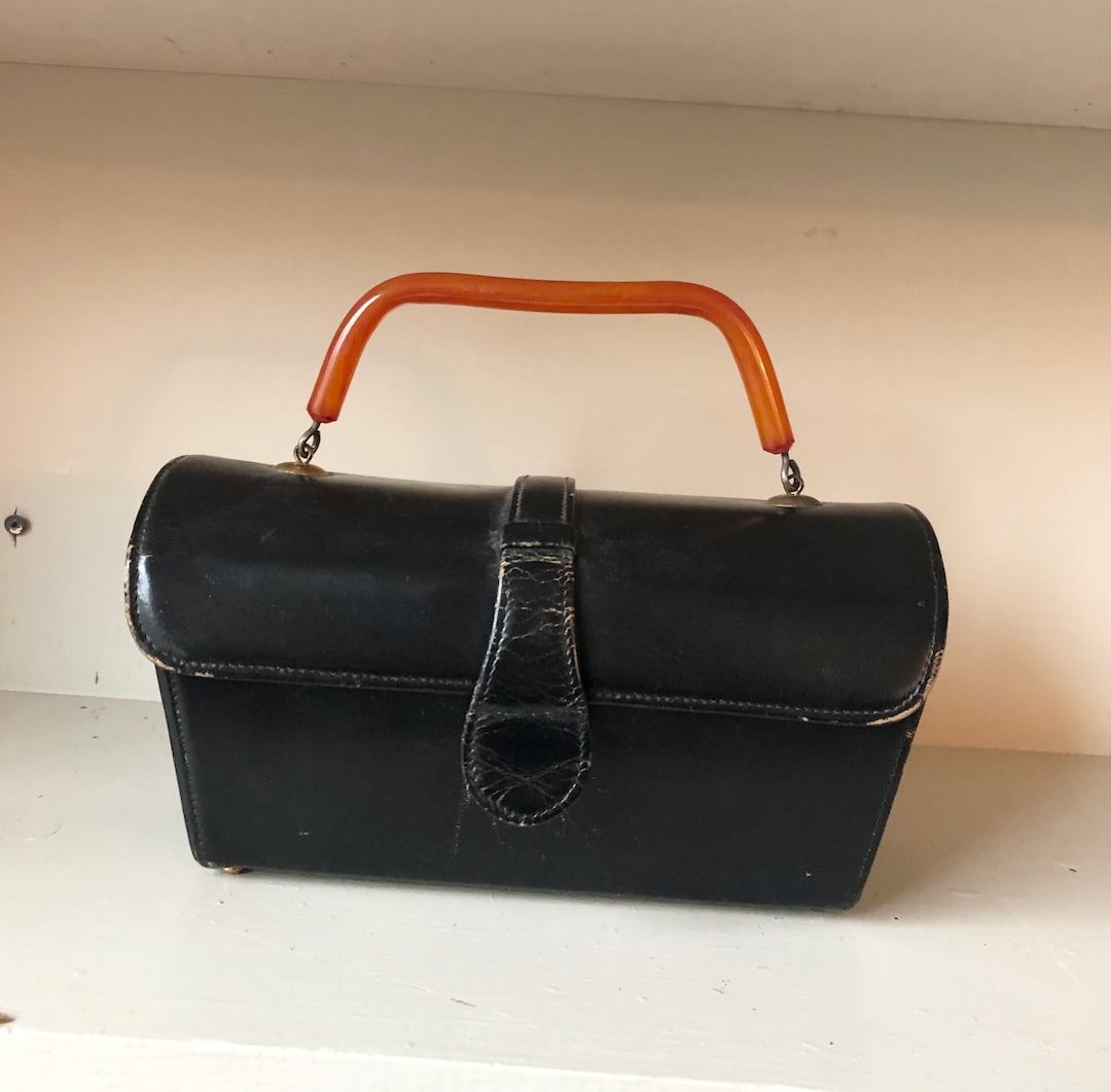Rare Vintage Handbag 1950's Black Leather Box Style Top Handle - Etsy