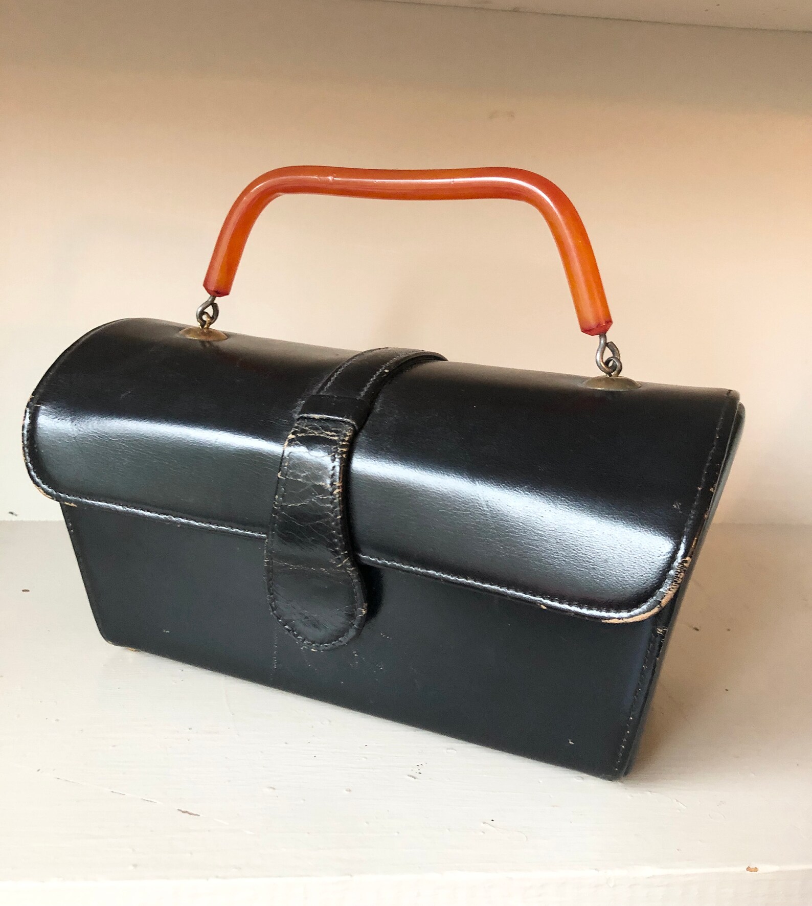 Rare Vintage Handbag 1950's Black Leather Box Style Top Handle - Etsy