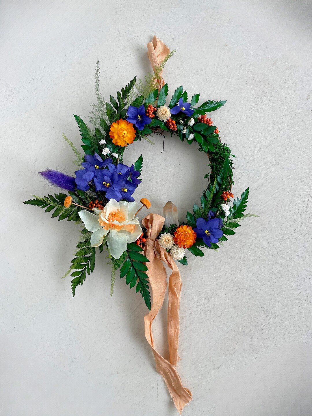 Preserved Daffodil and Violet Crystal Wreath, Handmade Flower Wreath ...