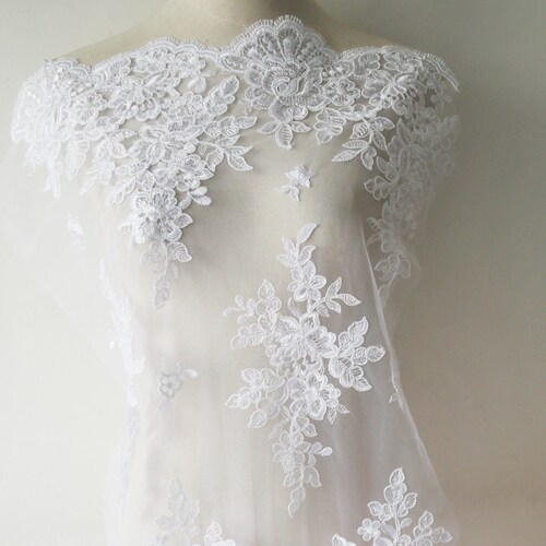 Pure White Embroidered Lace Fabric Alencon Cord Retro Floral | Etsy
