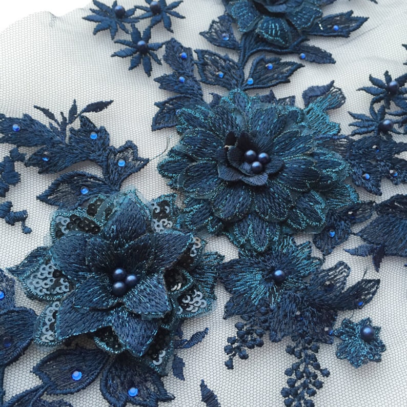 Dark Blue 3D Floral Embroidered Lace Fabric Appliques, Retro Floral ...
