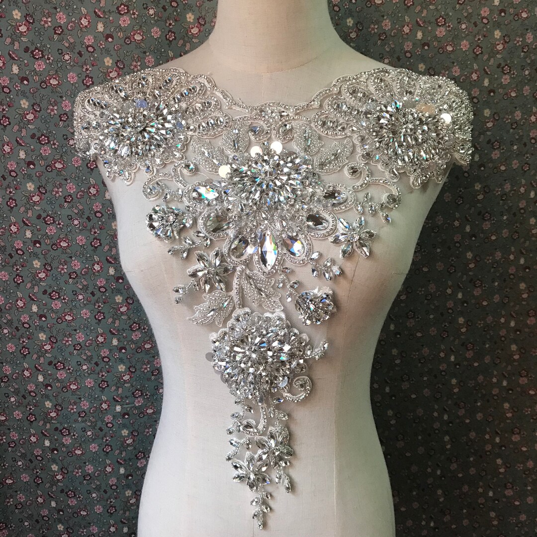 Exquisite Pink Rhinestone Applique, Gold Bodice Lace Necline Applique ...
