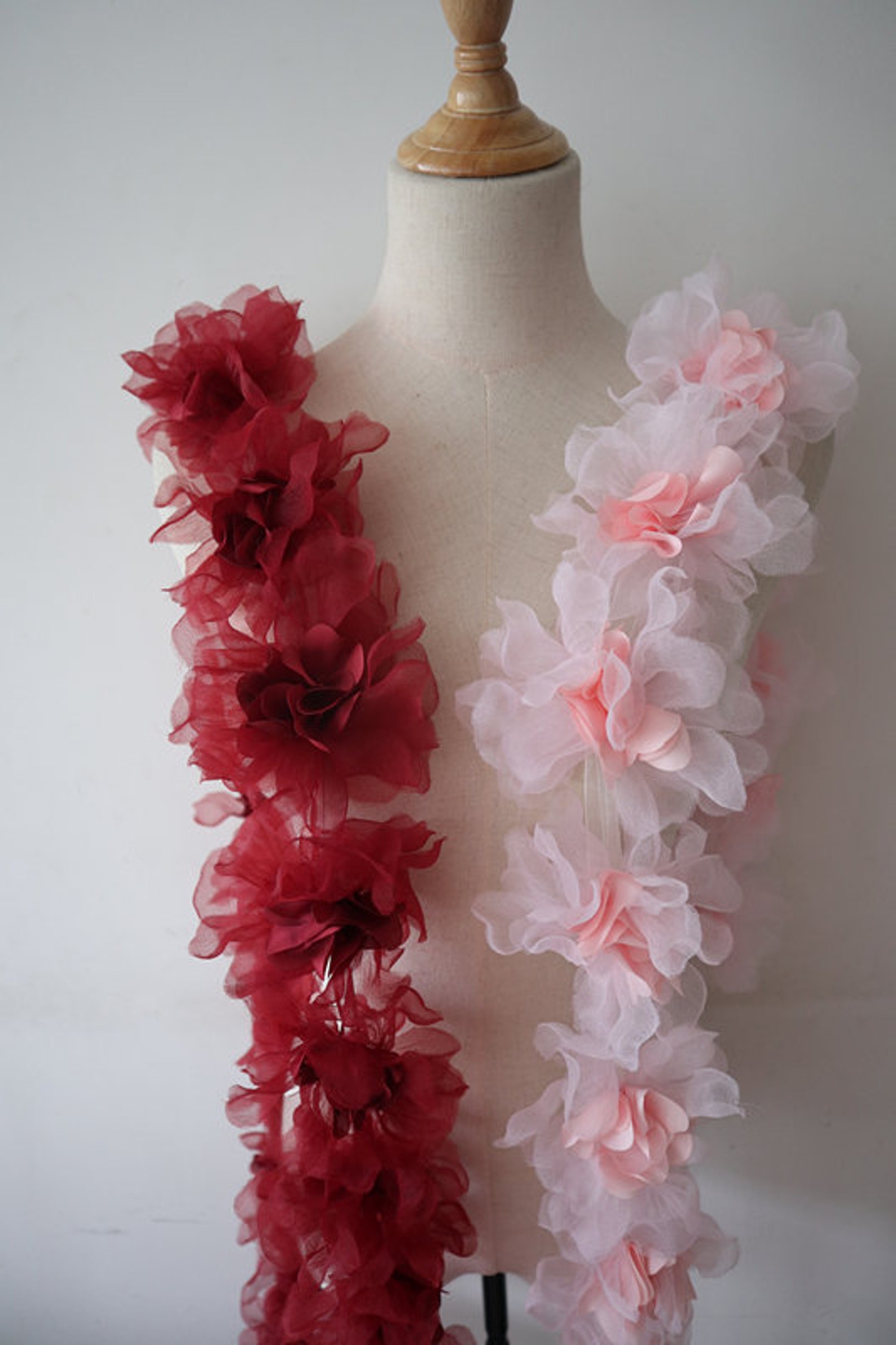 3D Dark Red Ruffled Fabric Trim, Wine Red Pink 3D Flowers Trimming ...