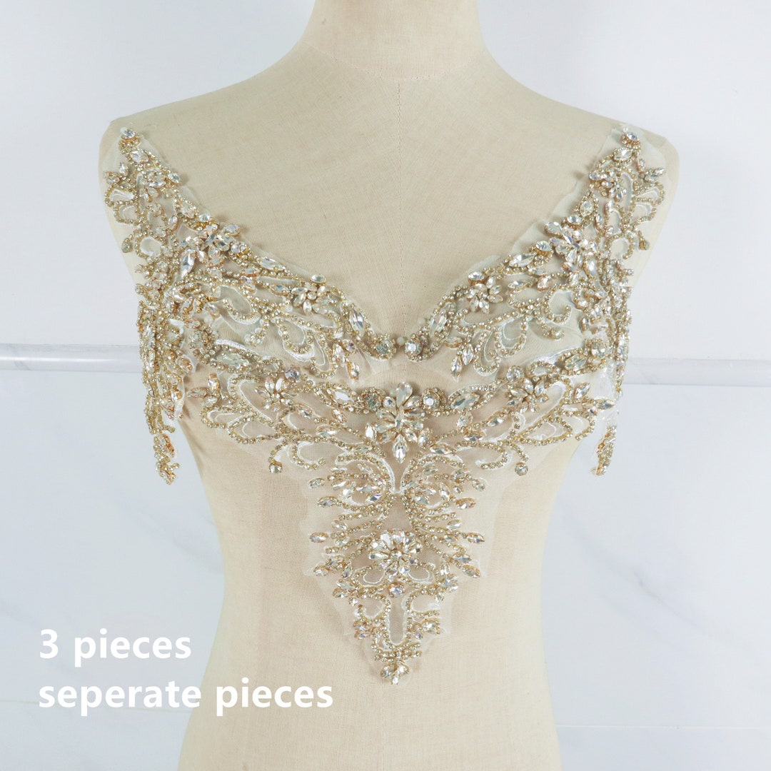 Gold Rhinestone Applique, V Collar Silver Crystal Bodice Lace Applique ...