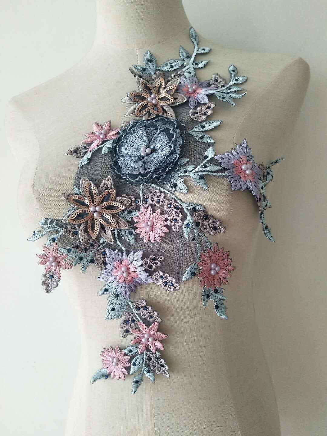 3D Floral Lace Applique, Mix Colors Floral Motif 3D Applique Fabric for ...