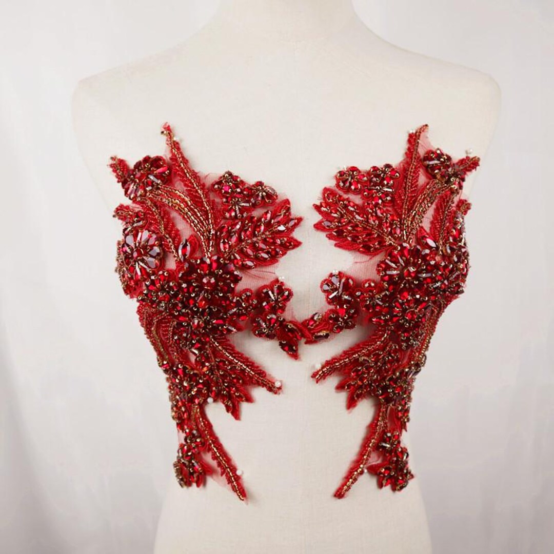 Deluxe Red Rhinestone Applique, Bridal Bodice Beaded Floral Motif Lace ...