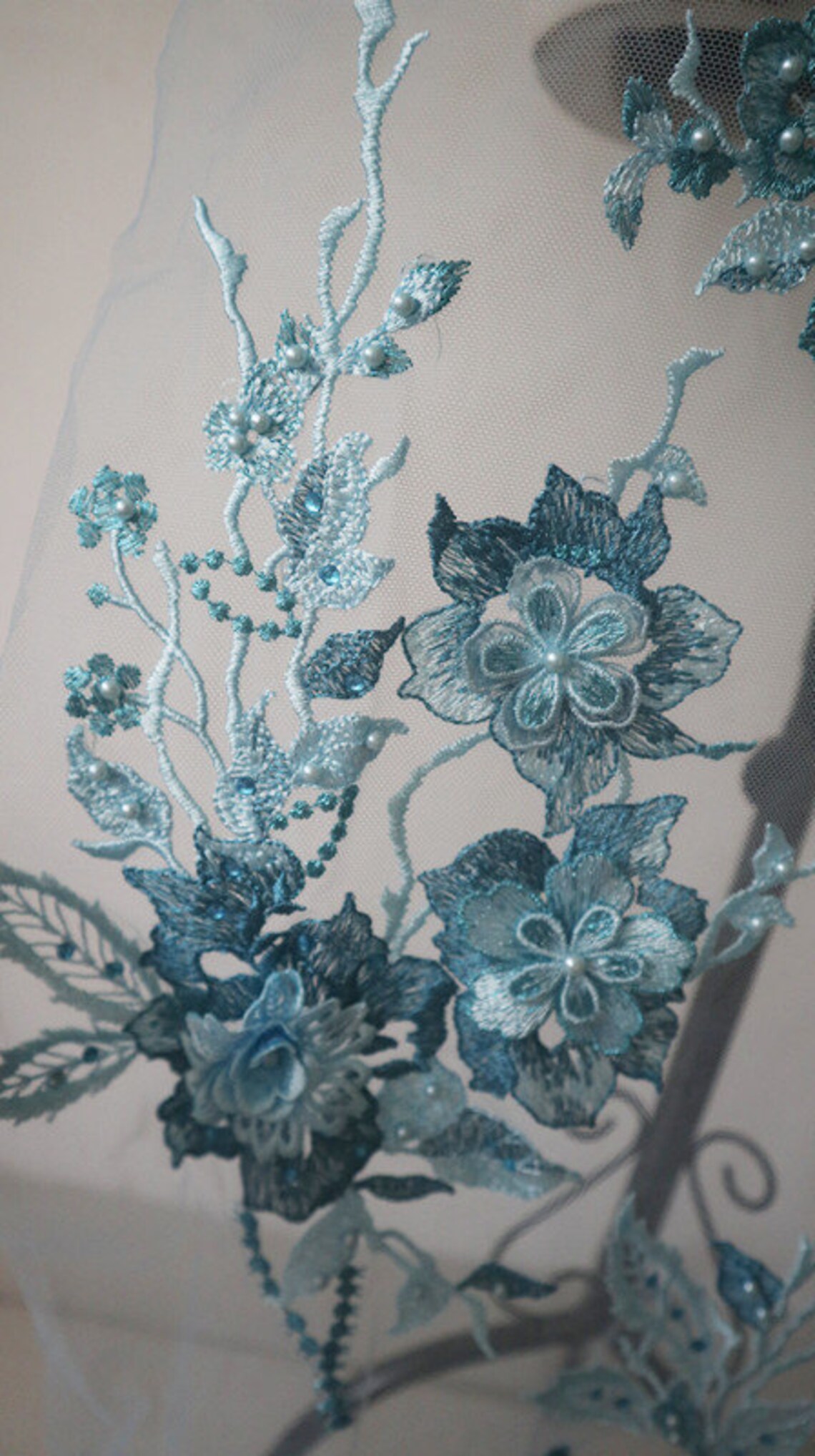 Lake blue 3D flowers lace fabric light blue beaded Lace | Etsy