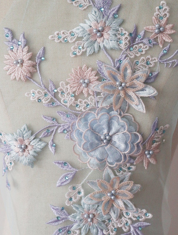 Exquisite Light Blue 3D Pair Applique, Quality Lace Floral Motif Lace ...