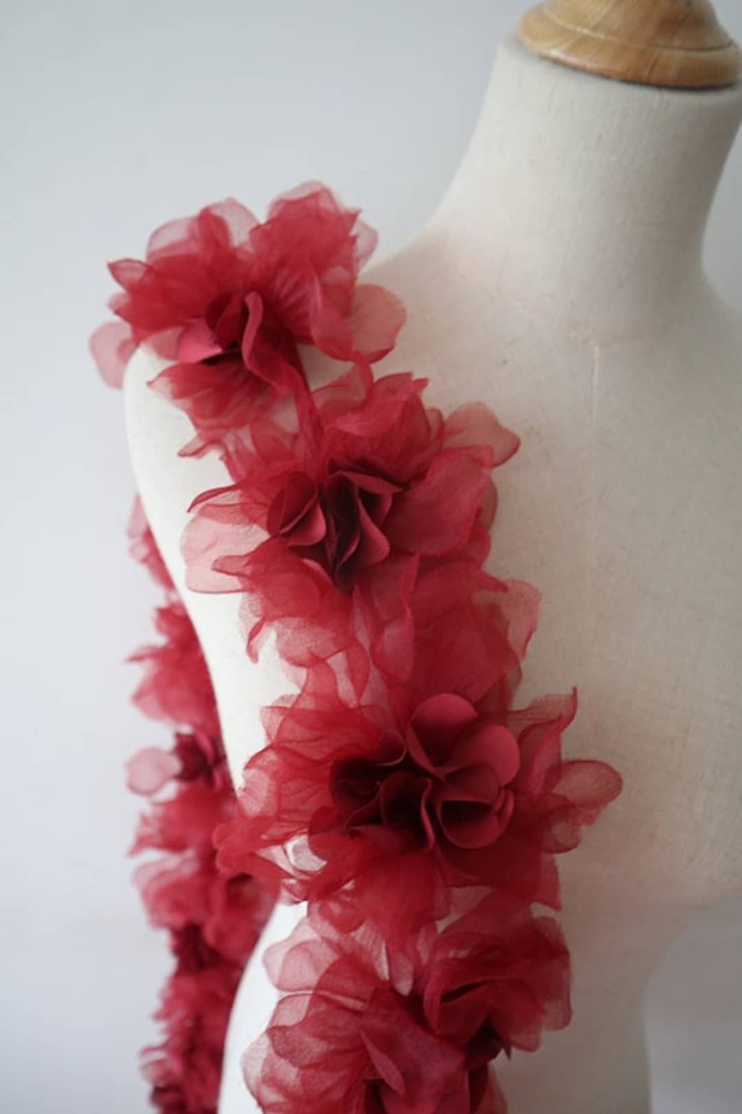3D Dark Red Ruffled Fabric Trim, Wine Red Pink 3D Flowers Trimming ...