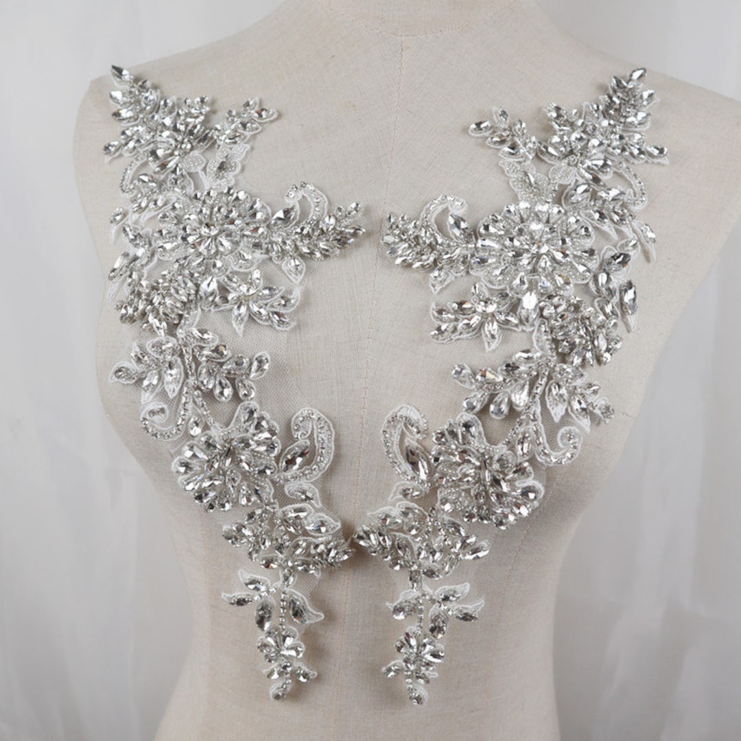Exquisito apliques de pedrería blanca plateada, parches de encaje de ...
