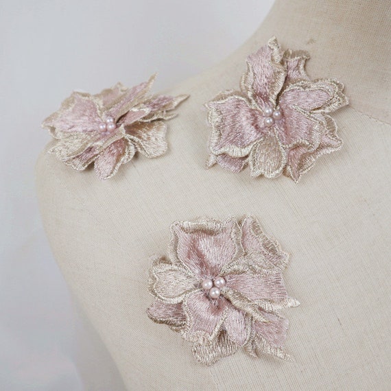 5 Pcs Rose Gold 3D Flowers Lace Appliques 3D Embroidered - Etsy