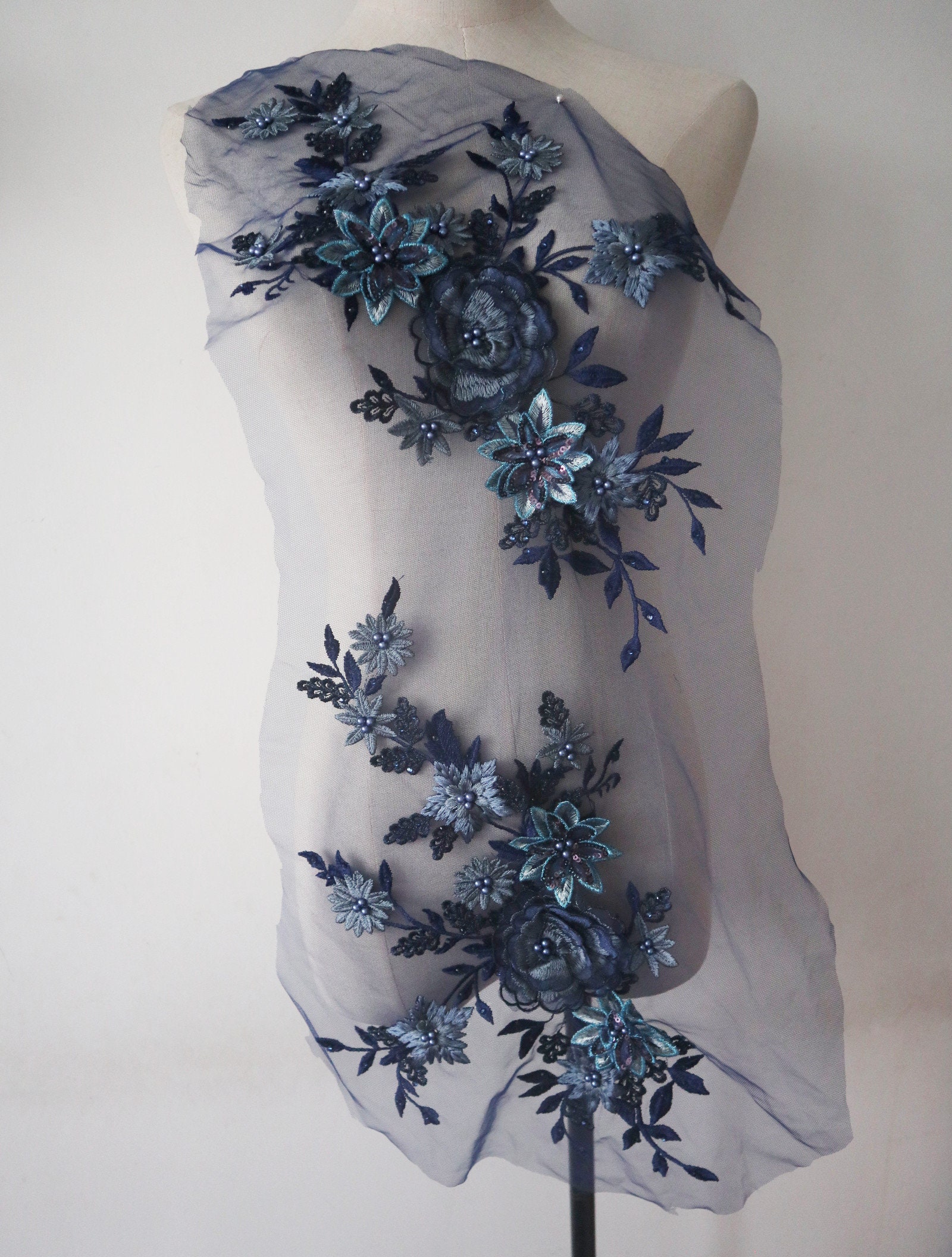 Dark blue 3D floral lace applique blue mix colors floral | Etsy