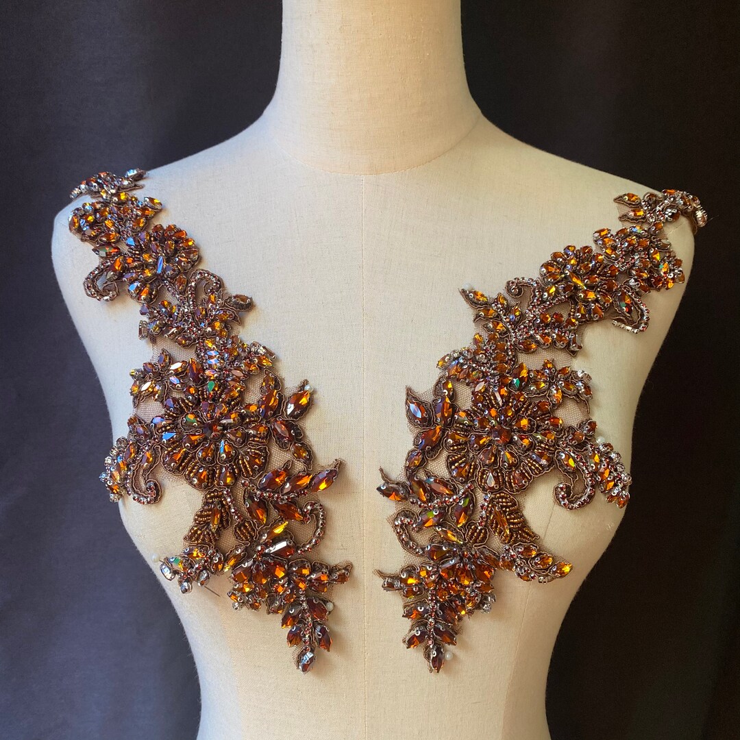 Beaded Brown Rhinestone Applique Pair Bodice Beaded Lace - Etsy