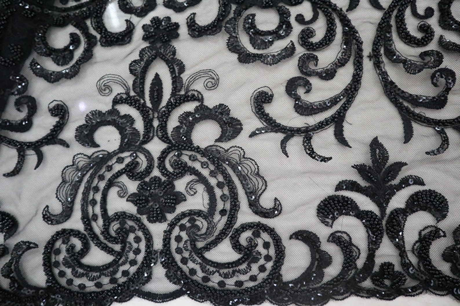 Black Embroidered Beaded Lace Fabric Vintage Motif Heavy - Etsy