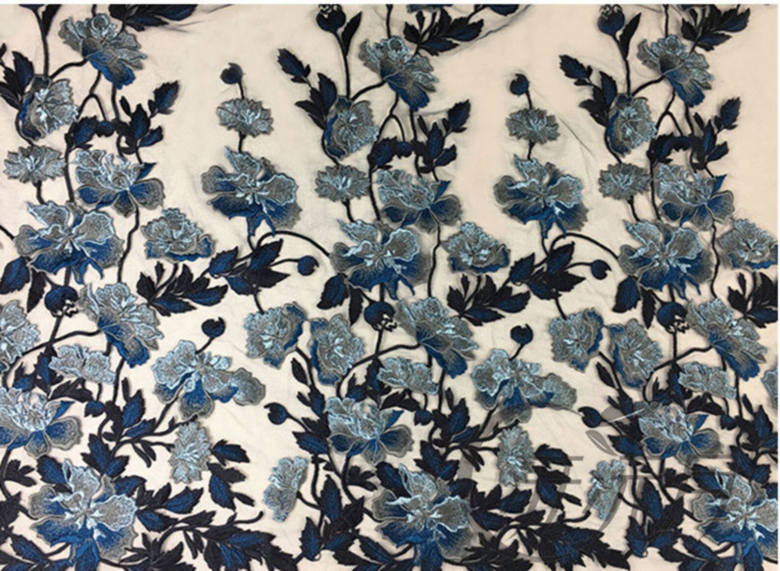 Dark Blue Floral Embroidered Lace Fabric, Navy Blue Retro French Bridal ...