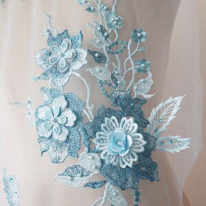 Lake Blue 3D Flowers Lace Fabric, Light Blue Beaded Lace Applique ...