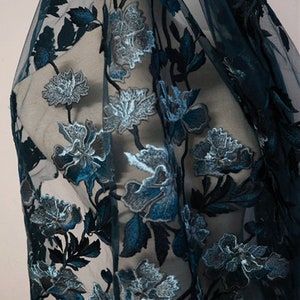 Dark Blue Floral Embroidered Lace Fabric, Navy Blue Retro French Bridal ...