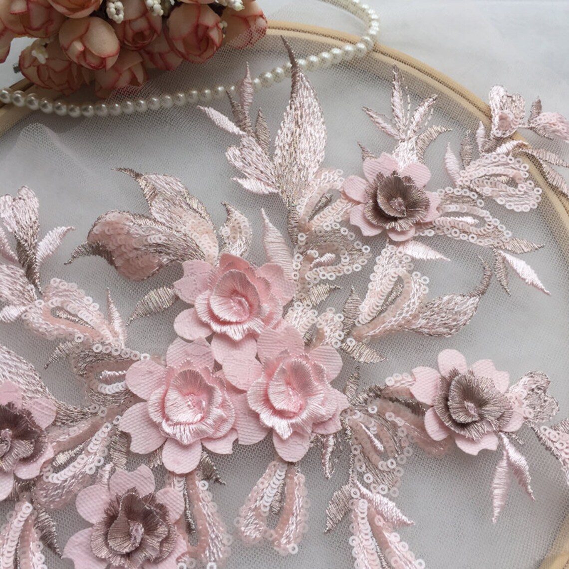 Pink 3D Floral Lace Appliques, Light Pink Retro Floral Motif Lace ...