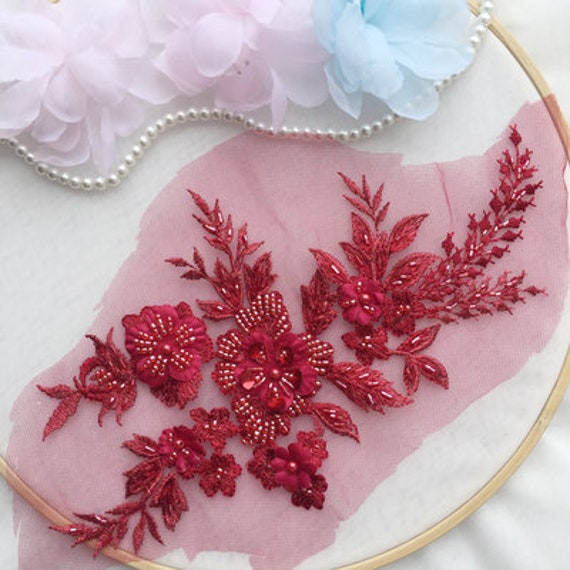 Dark Red Beaded 3D Floral Lace Applique Retro Floral Motif - Etsy